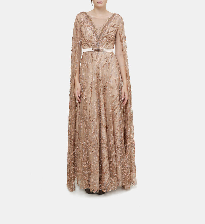 Suzy Matar Leaves-design Cape Maxi Gown | Galeries Lafayette UAE, Dubai