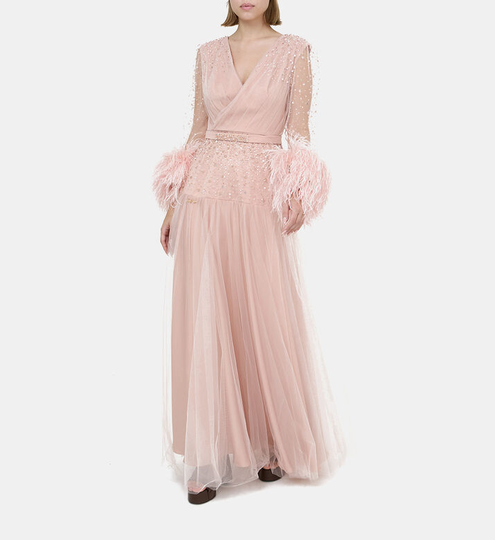 Suzy Matar Feather Sequin Embellished Maxi Tulle Satin Dress Women ...